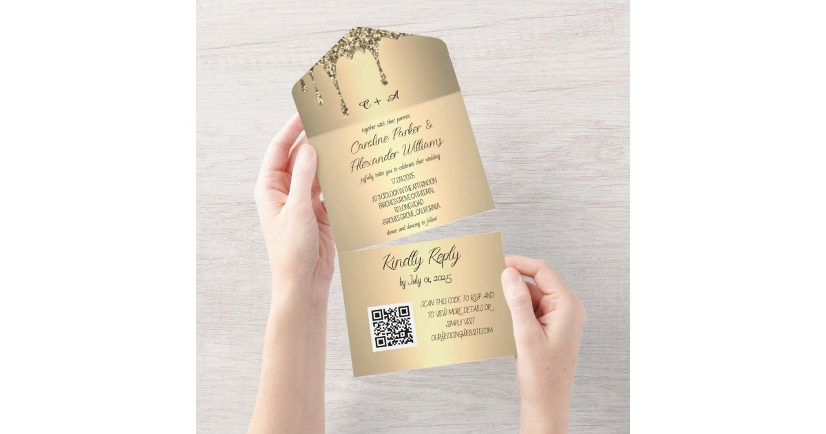 Gold Sparkle Glitter Script RSVP Modern QR Code All In One Invitation ...