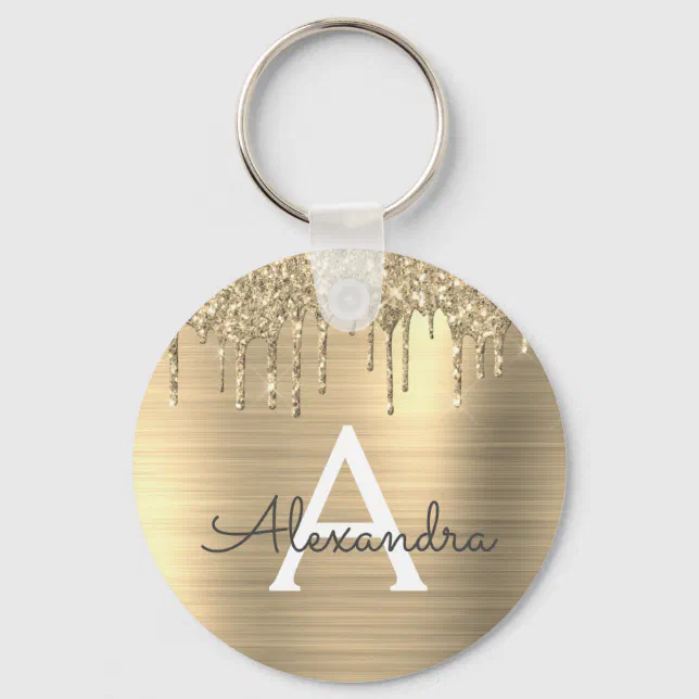 Gold Sparkle Glitter Stainless Steel Monogram Keychain | Zazzle