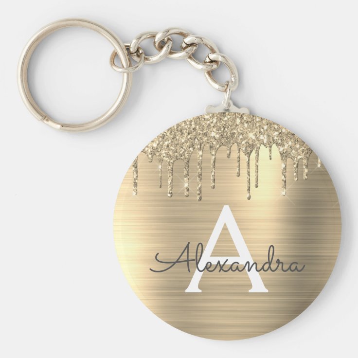 Gold Sparkle Glitter Stainless Steel Monogram Keychain | Zazzle