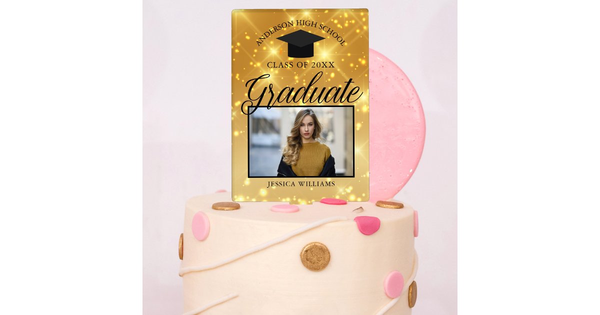 Gold Sparkle Graduate Photo Chic Custom Graduation Cake Topper | Zazzle
