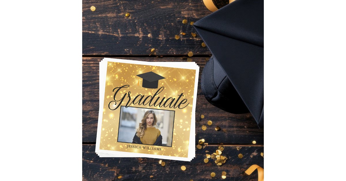 Gold Sparkle Graduation Photo Chic Custom Party Napkins | Zazzle