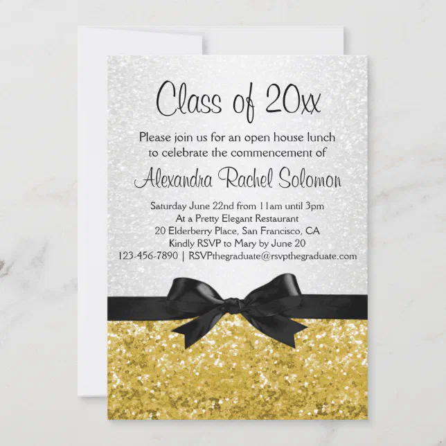 Gold Sparkle-look Bow Graduation Invitation | Zazzle