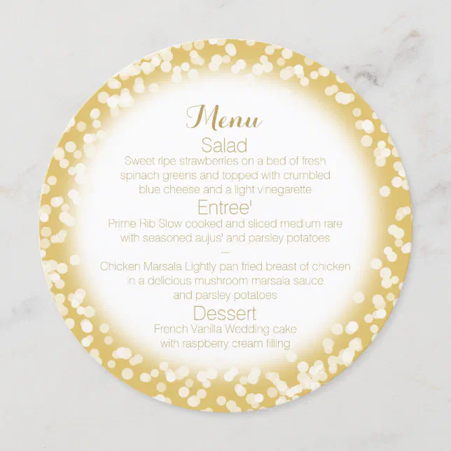 Gold Sparkle Round Menu | Zazzle