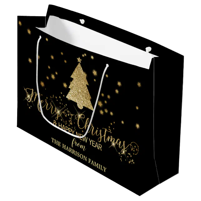 Gold Sparkles Merry Christmas Tree Black Large Gift Bag | Zazzle
