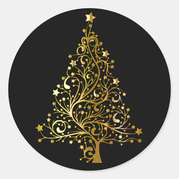 Gold Sparkly Christmas Tree Classic Round Sticker | Zazzle