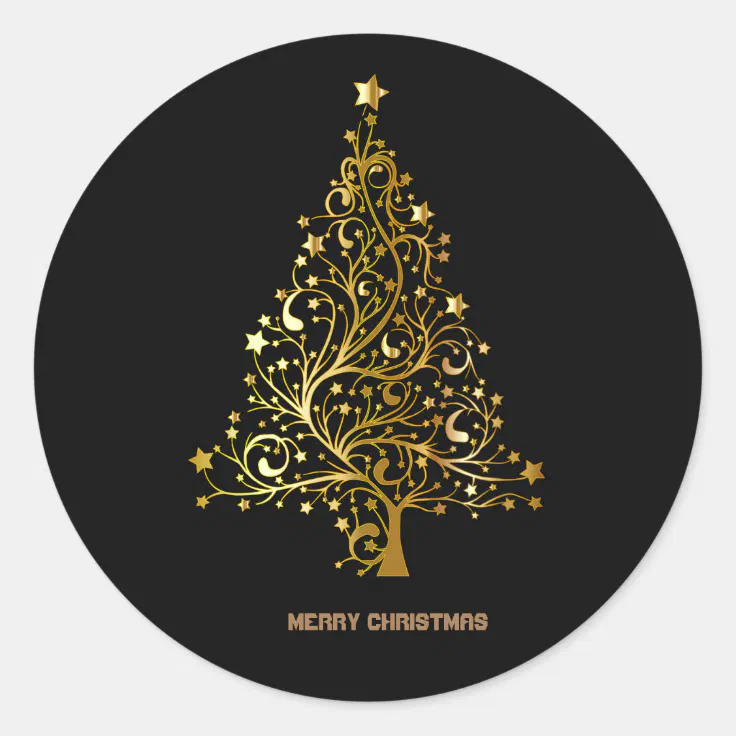 Gold Sparkly Christmas Tree Classic Round Sticker | Zazzle