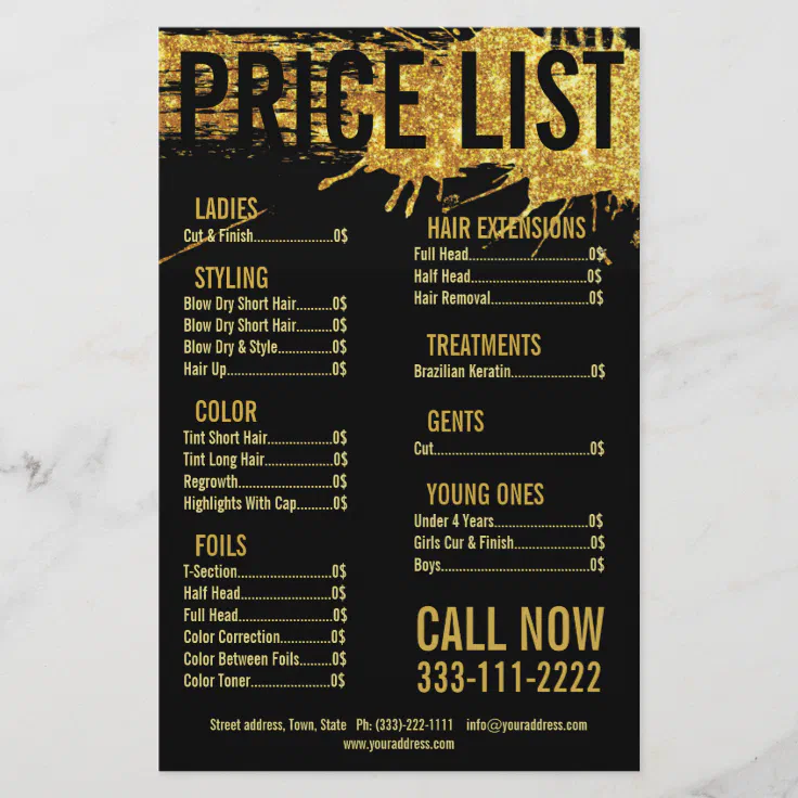 Gold Splash Glitter Hair Stylist Black Price List Flyer | Zazzle