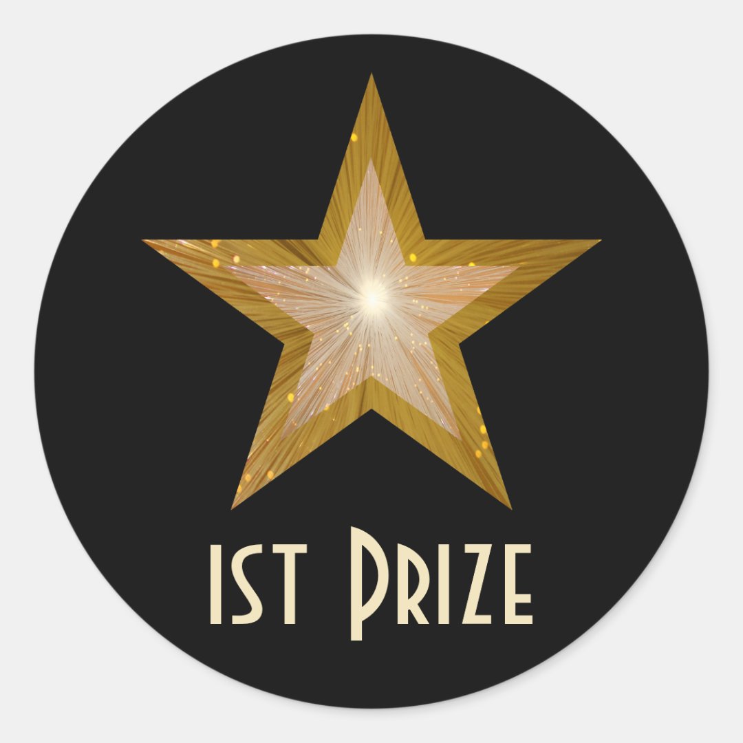 Gold Star '1st Prize' round sticker black | Zazzle
