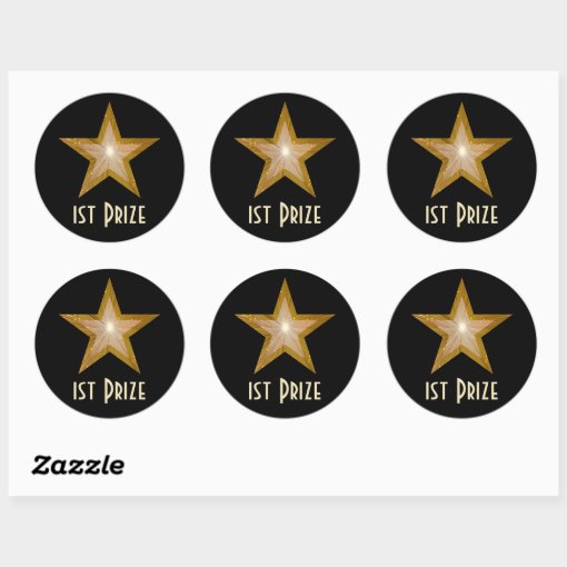 Gold Star '1st Prize' round sticker black | Zazzle