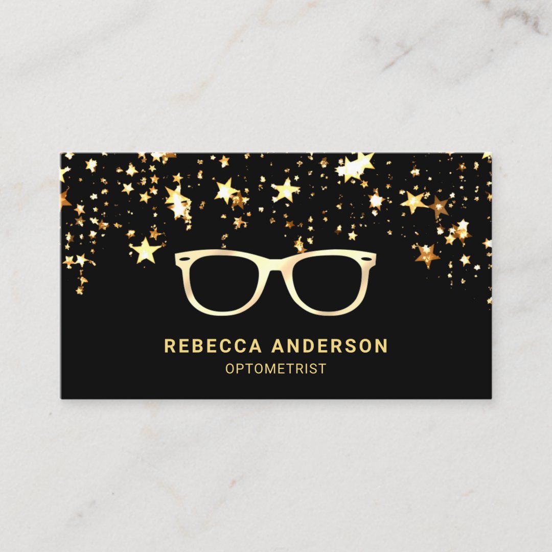 Gold Star Confetti Black Gold Eye Glasses Optician Business Card | Zazzle