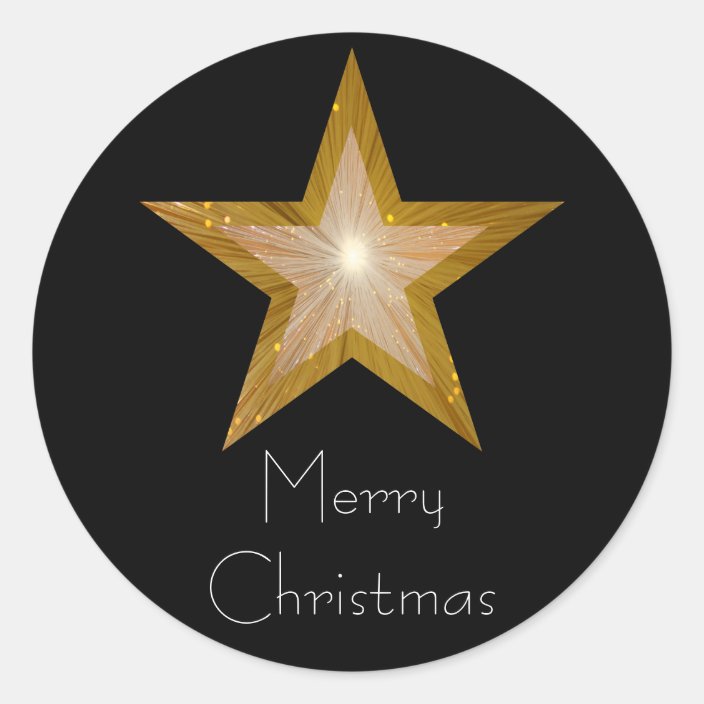 Gold Star 'Merry Christmas'' round sticker black | Zazzle.com
