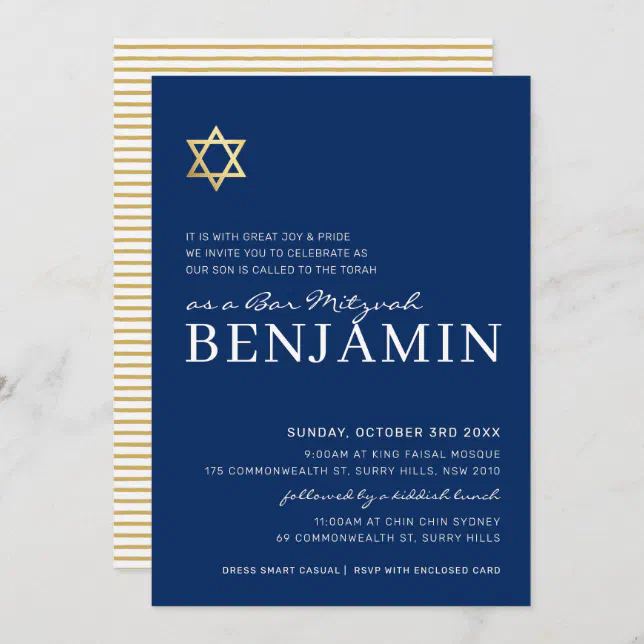 GOLD STAR modern Bar Mitzvah minimal navy white Invitation | Zazzle