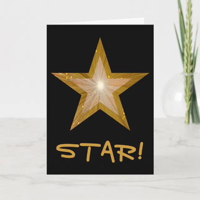 Gold Star 'STAR!' 'Well Done!' card black vertical | Zazzle