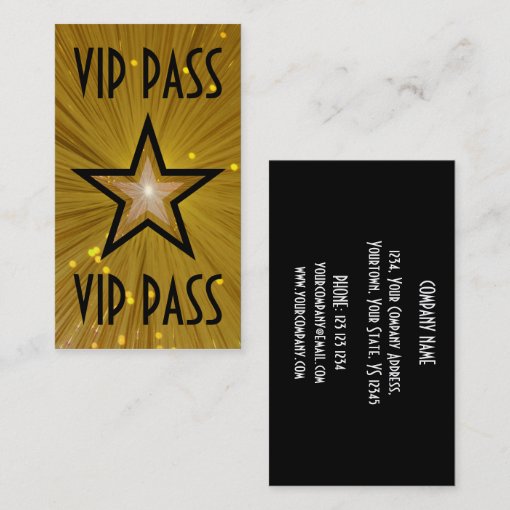 Gold Star 'VIP PASS' business card black back | Zazzle