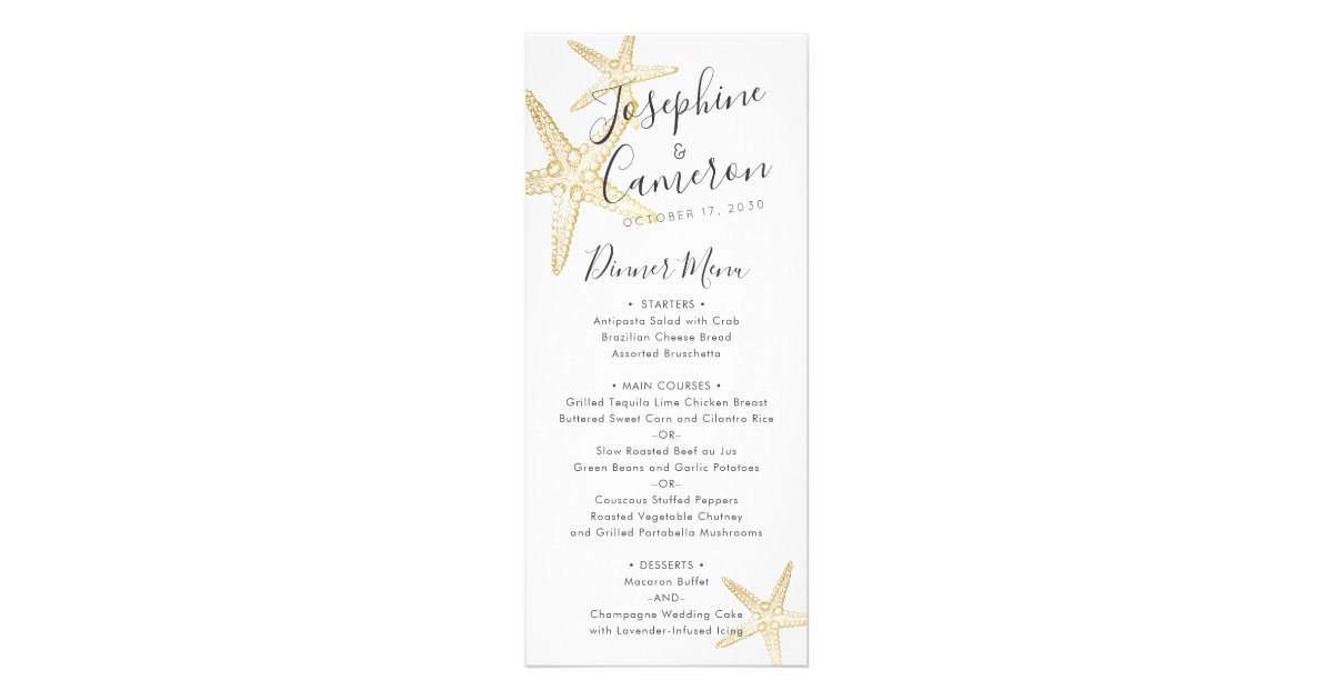 Gold Starfish Dinner Menu | Zazzle