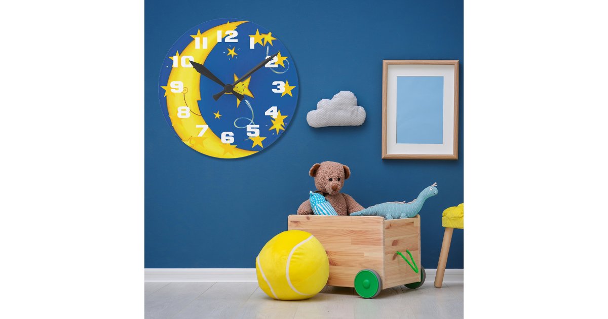 Gold Stars And Moon Round Clock | Zazzle