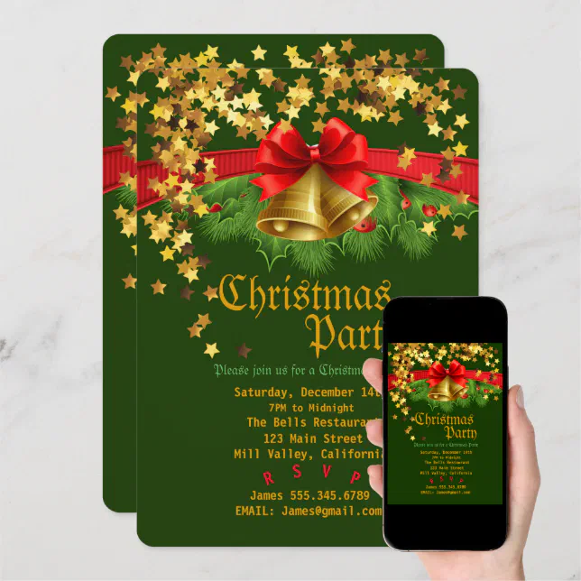 Gold Stars & Bells Christmas Party Invitation | Zazzle