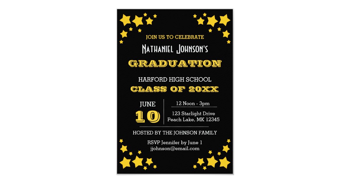 Gold Stars Black Graduation Invitation | Zazzle.com
