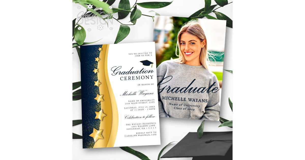 Gold Stars Blue Graduation Ceremony & Party Invitation | Zazzle