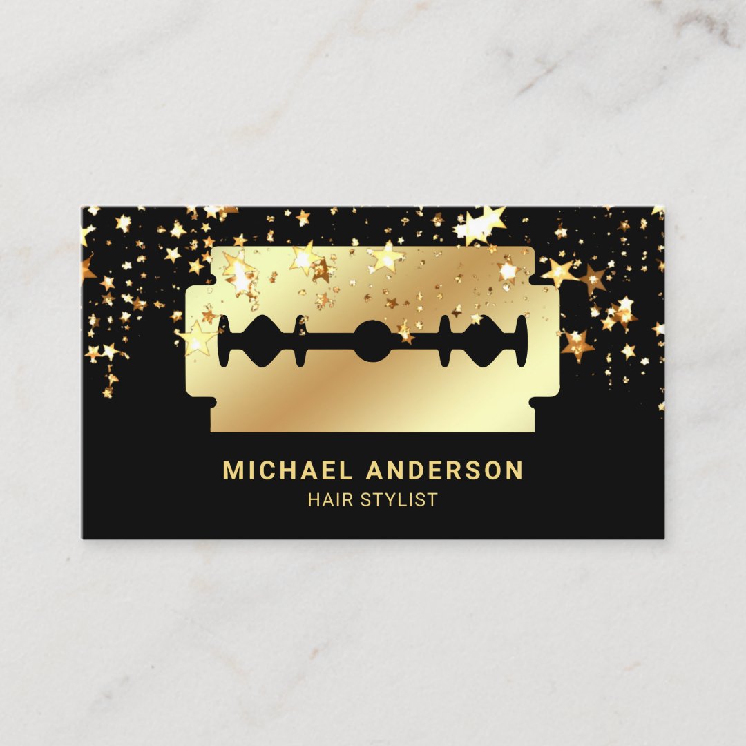 Gold Stars Confetti Gold Razor Blade Hair Stylist Business Card | Zazzle