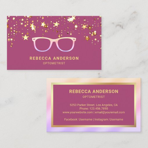 Gold Stars Confetti Pink Eye Glasses Optician Business Card | Zazzle