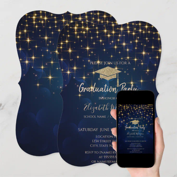 Gold Stars Graduation Cap Navy Blue Graduation Invitation | Zazzle