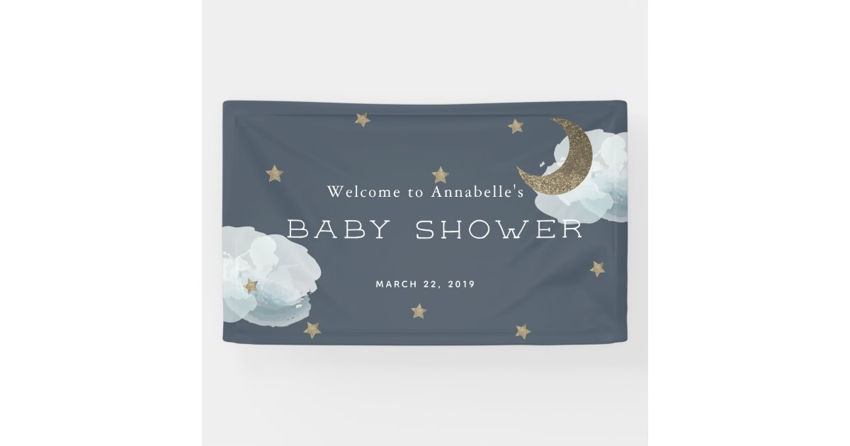 Gold Stars Moon Cloud Navy Blue Baby Shower Banner | Zazzle