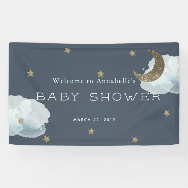 Gold Stars Moon Cloud Navy Blue Baby Shower Banner | Zazzle