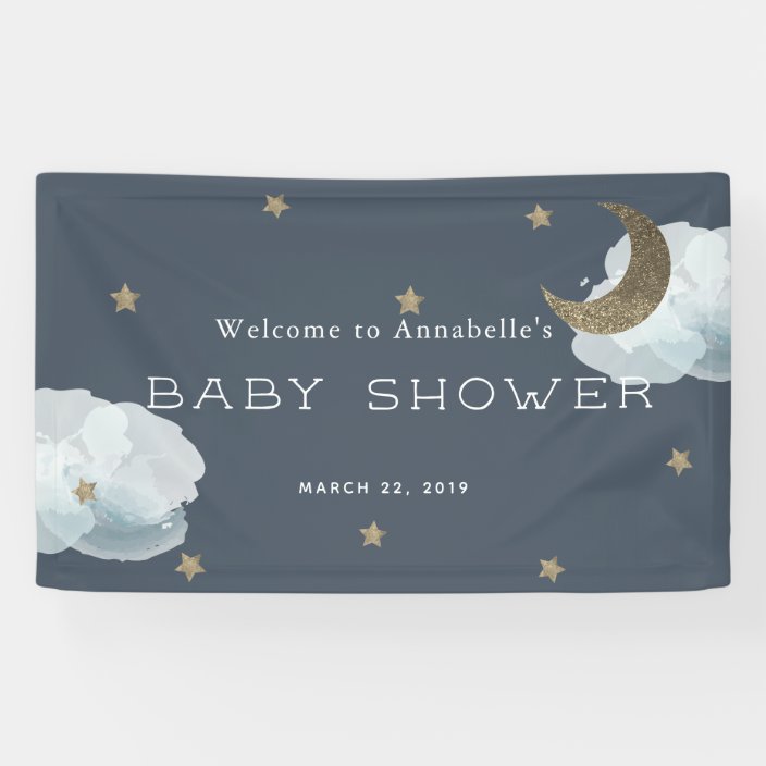 Gold Stars Moon Cloud Navy Blue Baby Shower Banner | Zazzle.com