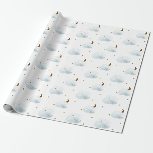 Gold Stars, Moon, & Fluffy Clouds Wrapping Paper | Zazzle