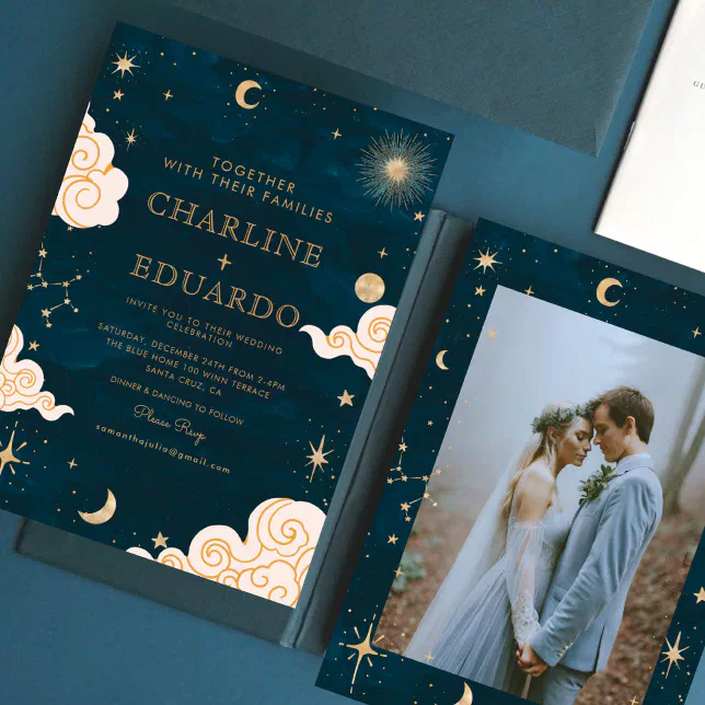 Gold Stars Moon Indigo Celestial Photo Wedding Invitation | Zazzle