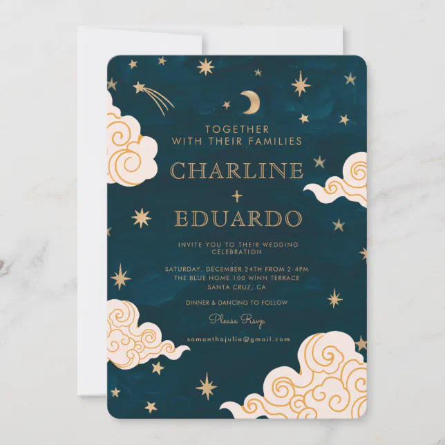 Gold Stars Moon Indigo Celestial Qr Code Wedding Invitation | Zazzle