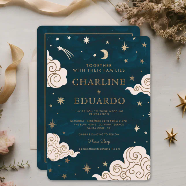 Gold Stars Moon Indigo Celestial Qr Code Wedding Invitation | Zazzle