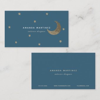 Gold Stars & Moon Midnight Blue Business Card | Zazzle