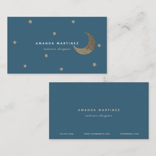 Gold Stars & Moon Midnight Blue Business Card | Zazzle