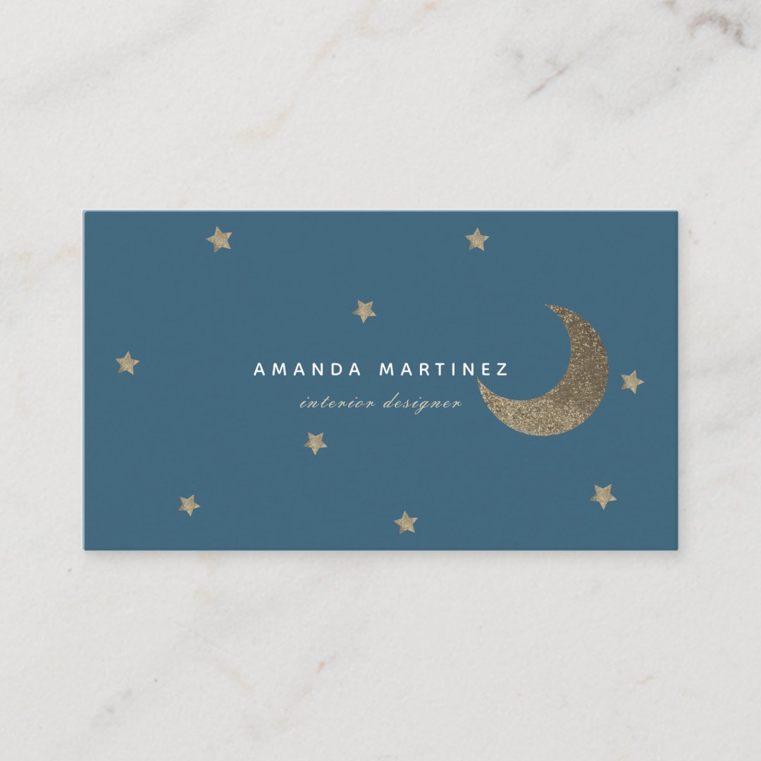 Gold Stars & Moon Midnight Blue Business Card | Zazzle