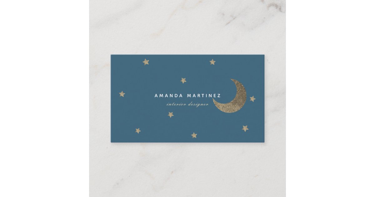 Gold Stars & Moon Midnight Blue Business Card | Zazzle