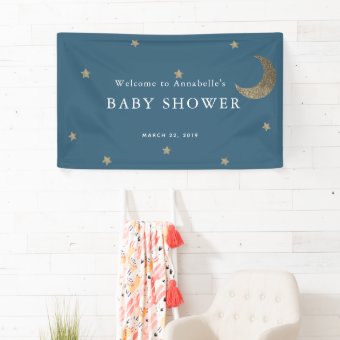 Gold Stars & Moon Navy Blue Baby Shower Banner | Zazzle