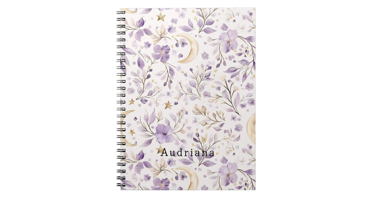 Gold Stars Moon Purple Flowers Notebook | Zazzle