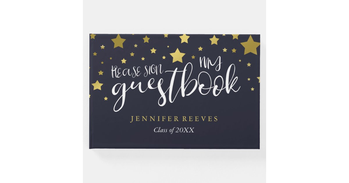 Gold Stars & Navy Blue Graduation Guest Book | Zazzle