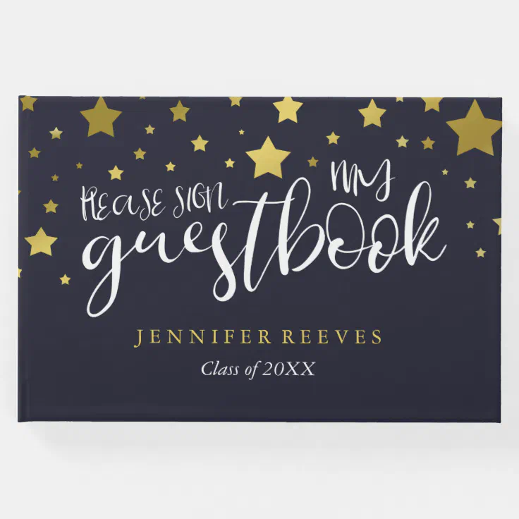 Gold Stars & Navy Blue Graduation Guest Book | Zazzle