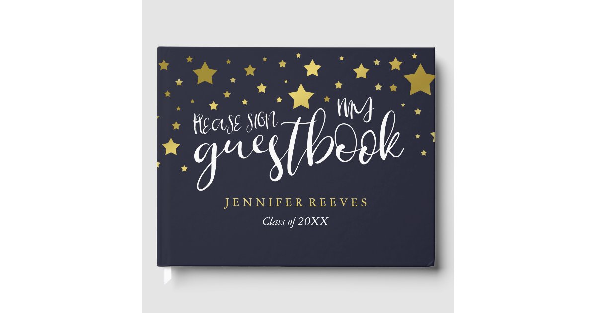 Gold Stars & Navy Blue Graduation Guest Book | Zazzle