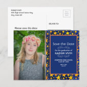 Gold Stars Navy Blue Photo Graduation Save Date Postcard | Zazzle