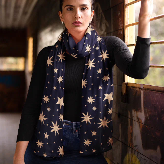 Gold Stars Navy Sky Trendy Starry Pattern Scarf | Zazzle