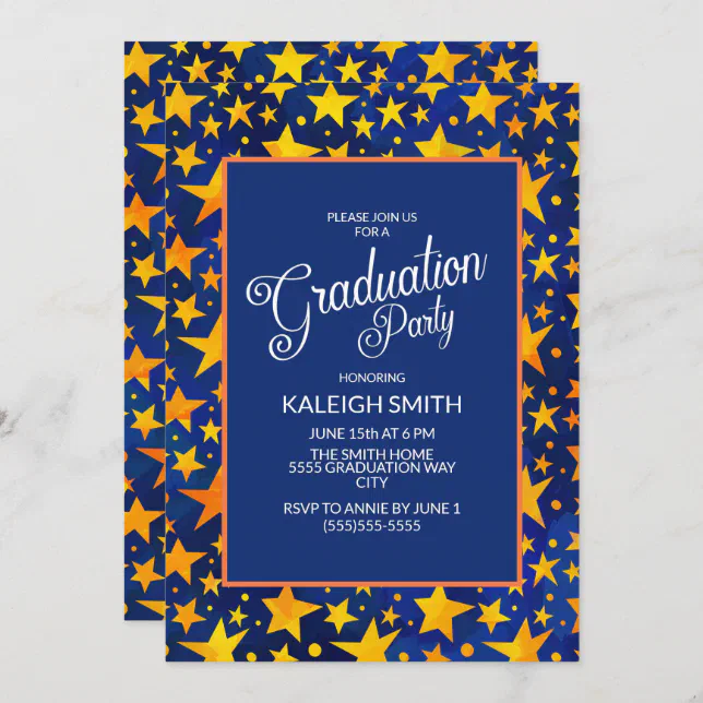 Gold Stars on Navy Blue Graduation Party Invitation | Zazzle
