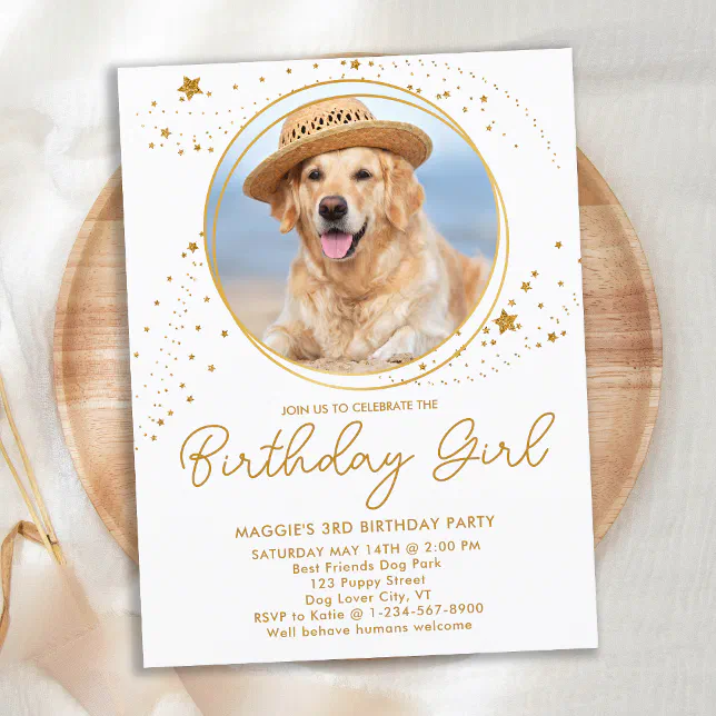 Gold Stars Personalized Pet Photo Dog Birthday Invitation Postcard | Zazzle