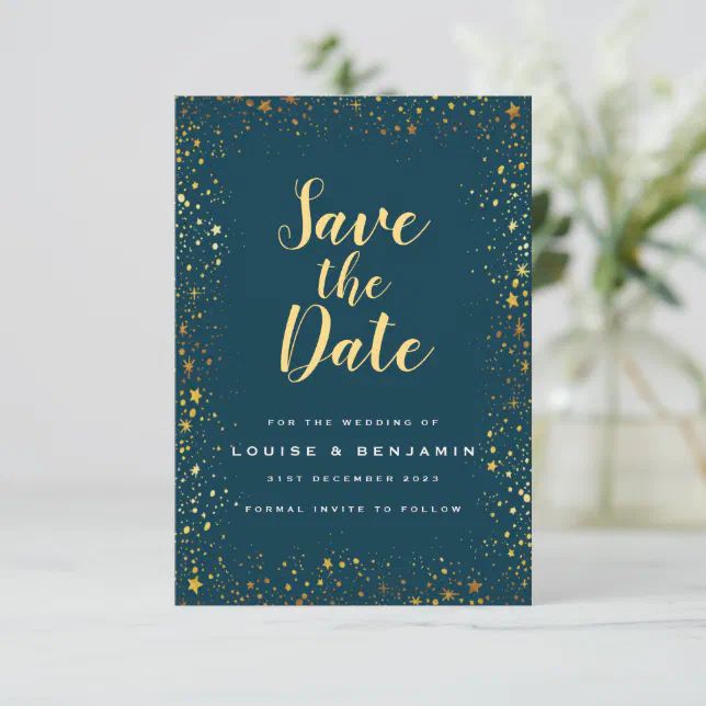 Gold Stars Sparkle Save The Date Card | Zazzle