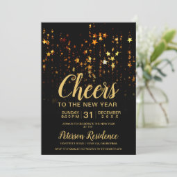 Gold stars string lights black New' Year eve party Invitation | Zazzle