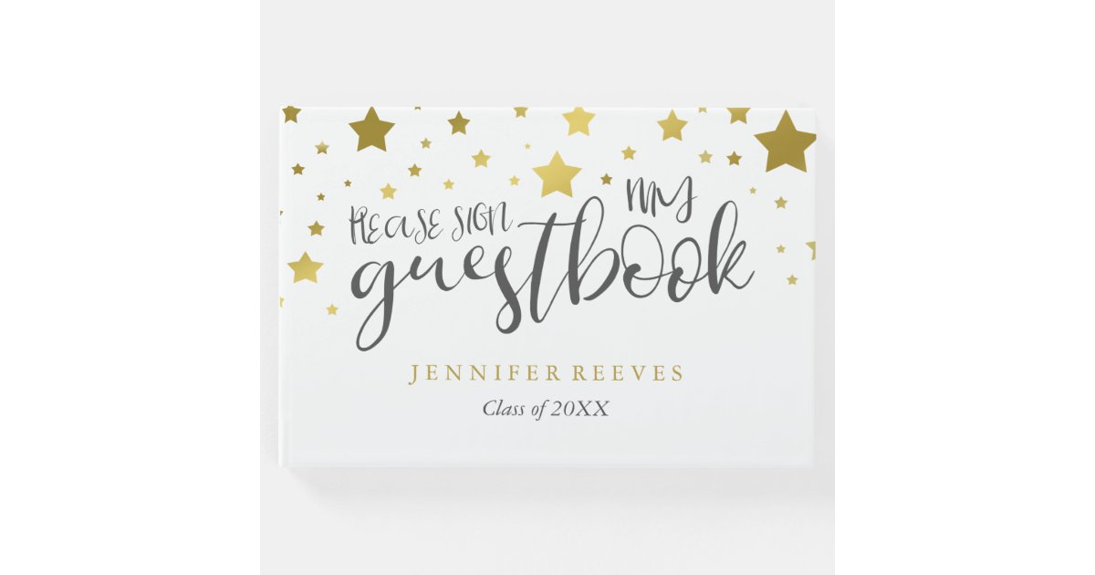 Gold Stars & White Graduation Guest Book | Zazzle