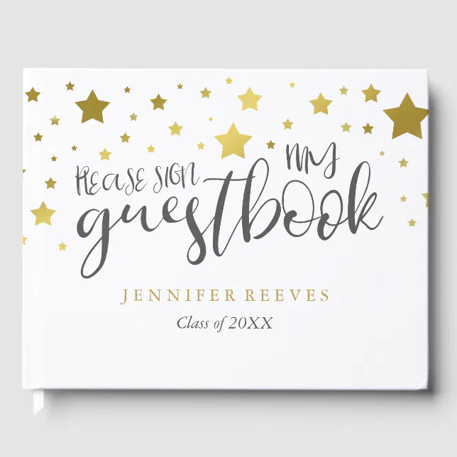 Gold Stars & White Graduation Guest Book | Zazzle